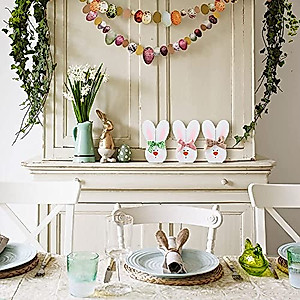 Easter Decorations for the Home, hogardeck 3 Pcs Easter Bunny Table Decor, Wood Sign Rabbit Block Set with Plaid Dot Burlap Bow Wooden Signs Table Centerpiece Farmhouse Decor for Party Fireplace Tiered Tray Tabletop
