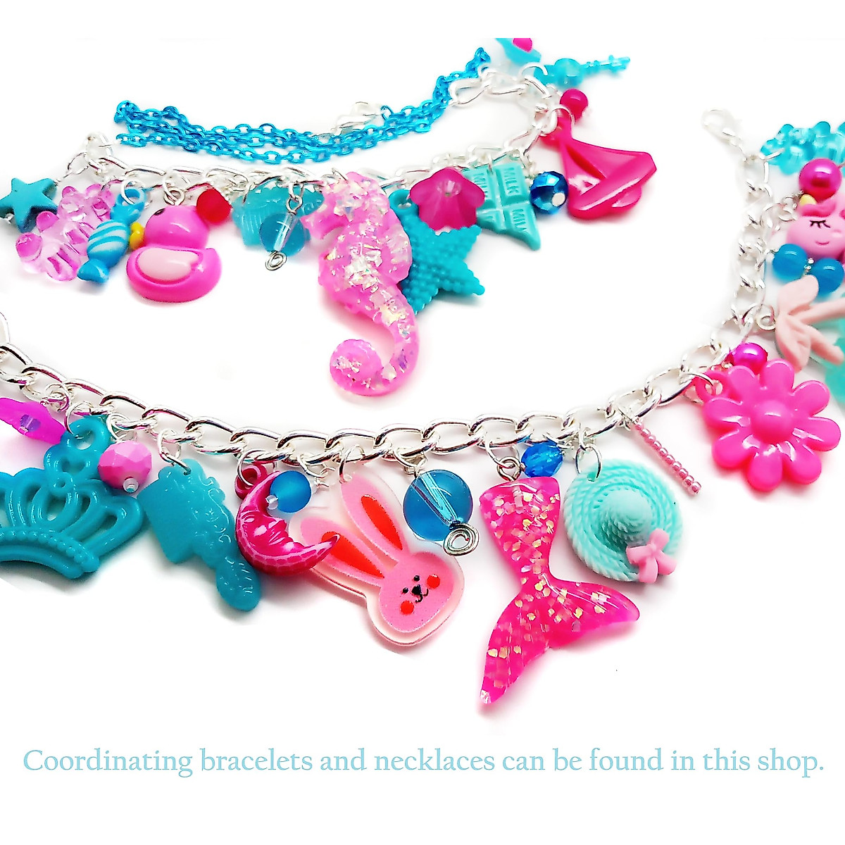 Pink and Blue Chunky Charm Bracelet with Kawaii Charms, Resin Cabochon Pendant Chain, Mermaid Unicorn and Fruit Theme, Adjustable