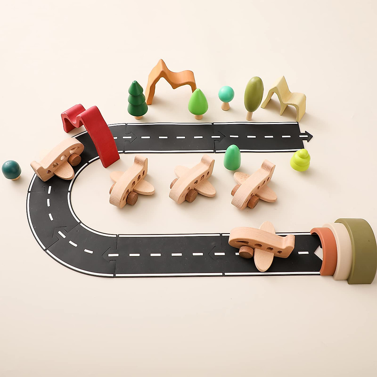 ibwaae Wooden Airplane Toys, Air Transport Vehicles Play Set, Wooden Pull Games, Learning Gift Montessori Toy for Baby Toddler Boys Girls