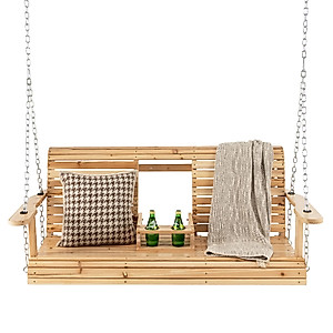 Giantex Outdoor Hanging Porch Swing - 2-Seat Wood Swing Bench with Folding Cup Holder and Sturdy Metal Hanging Chains, Outside Patio Swing Chair for Garden, Backyard, Poolside, Natural