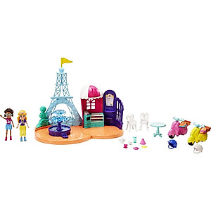 Polly Pocket Perfectly Paris Playset with 3-in Polly and Shani Dolls, 2 Scooters, 2 Helmets, Eiffel Tower, Fountain, Cafe, Table & 2 Chairs; For Ages 4 Years Old & Up [Amazon Exclusive]