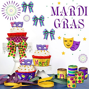 20 Yards Mardi Gras Wired Edge Ribbon Gold Green Purple Stripe Wired Edge Ribbon Harlequin Glitter Diamond Ribbon Glitter Metallic Wrapping Ribbon for Mardi Gras Masquerade Wedding Party Decoration