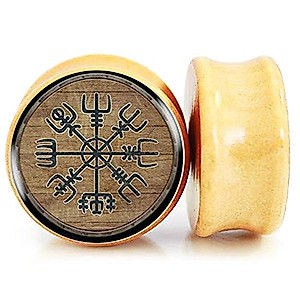 FLYUN Wood Ear Gauges Viking Plugs Women Men Ear Stretcher Expander 8mm-25mm 0 00-1'' Double Flared Saddle Plugs Earrings Piercing Jewelry Norse Vegvisir Aegishjalmur (00G (10mm))