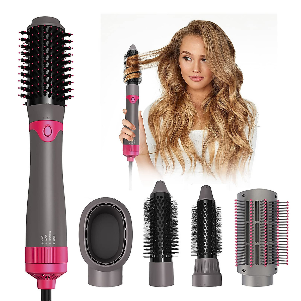 Upgraded Hair Dryer Brush Hair Style Dryer, Anion Electric Curling Iron,3 Gear Adjustable Temperature, 5 Styling Head,Pink,Lyrzzey