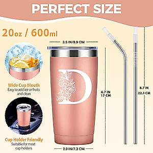 Leraverppy Personalized 20oz with Initial Stainless Steel Coffee，Leak Proof Rose Gold Tumbler with Lid And Straw Double Wall Thermal Cups for Hot and Cold Drinks Monogrammed Gifts for Women（C20-D）