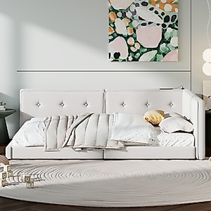 RUNNA Modern Upholstered Full Size Platform Bed with USB Ports, Linen Wooden Daybed/Sofa Bed/Low Floor Bed Frame with Backrests for Boys Girls Teens Adults, Easy to Assemble