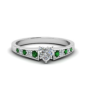 CustomizedGifts Graduated Pave Accent Diamond Ring Sterling Silver Created Emerald Heart Shape Green Color Side Stone Engagement Rings Pave Setting in Size 4 Casual Wear for Gift