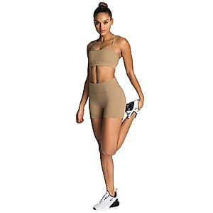 Women Yoga Outfit Seamless 2 Piece Workout Gym Sleeveless Spaghetti Strap Criss Cross Crop Top with High Waist Boxer Shorts Tummy Control Tracksuit Activewear Athletic Fintess Clothes Khaki X-Small