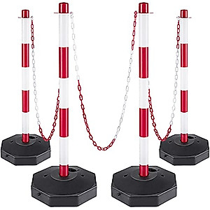 VEVOR Plastic Stanchion, 4pcs Chain Stanchion, Plastic Stanchion Kit w/ 32ft Chain 8 S-Hooks, PE Plastic White Stanchion for Warning/Crowd Control at Parking Lot, Construction Lot, Driveway Elevator