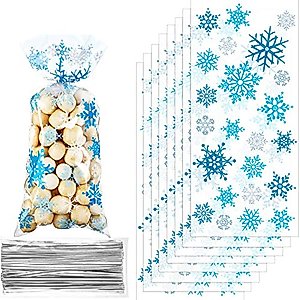 Christmas Cellophane Bags Winter Snowflake Holiday Treat Bags Blue Plastic Candy Goodie Bags with Twist Ties for Winter Xmas Wonderland Birthday Holiday Party Favors (200 Counts)