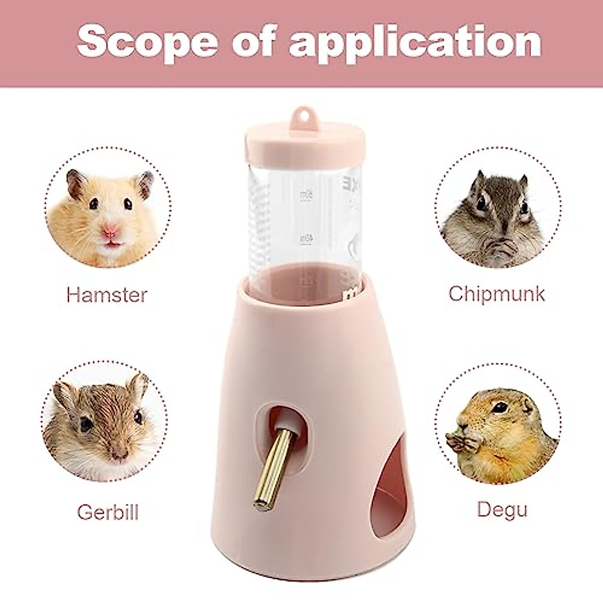 CALIDAKA 2 Pcs 80 ml Hamster Water Bottle Set, 1 Freestabding Waterer and 1Cage Hanging Waterer, No Drip Gerbil Water Feeder, for Hamster Gerbils Mice Degus Hedgehog Small-Sized Pet(Pink)