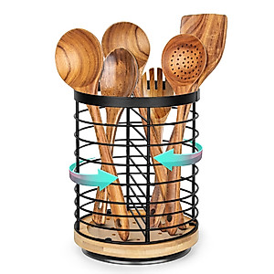 Toosci Utensil Holder for Kitchen Counter, Cooking Utensils Holder, Black Metal+Wooden Base Utensil Holder, Breathable and Easy to Dry+Rotatable+Drainage Holes, Kitchen Countertop Utensil Organizer