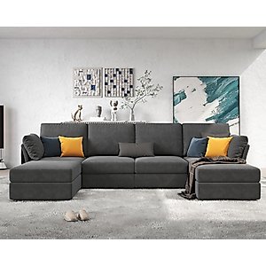 VanAcc 131 Inches Modular Sectional Sofa, Oversized Sectional Sofa with Storage, Ottomans, 6 Seats U Shaped Sofa- Chenille Gray