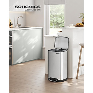 SONGMICS Trash Can, 8 Gallon (30L) Trash Bin with Lid and Inner Bucket, Stainless Steel Garbage Can, Soft Close, Silver ULTB01L
