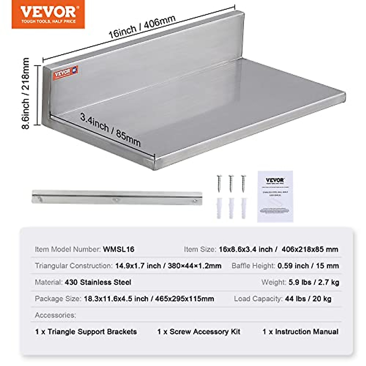 VEVOR 8.6" x 16" Stainless Steel Shelf, Wall Mounted Floating Shelving with Backsplash, 44 lbs Load Capacity Commercial Shelves, Heavy Duty Storage Rack for Restaurant, Kitchen, Bar, Home, and Hotel