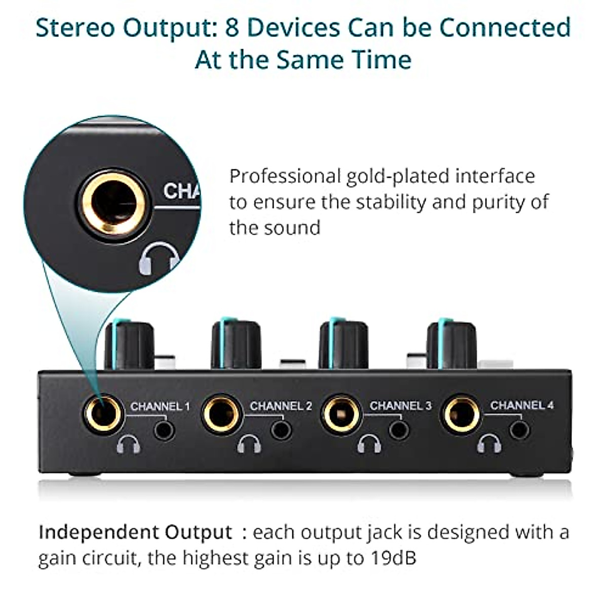 Headphone Amplifier, YGiTK 4 Channels Mono/Stereo Metal Stereo Headphone Amps-4x Quarter Inch and 8X Quarter Inch TRS Headphones Output and 1/4" & 1/8"& AV Audio Input(Including Audio Cable)