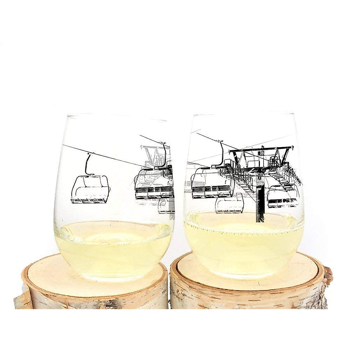 Wine Glasses by Black Lantern – Handmade Printed Stemless Wine Glasses and Bar Glasses with Ski Lift Design (Set of Two 17oz. Glasses)