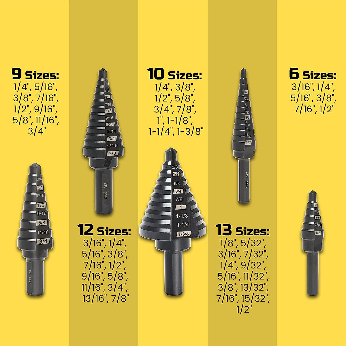Lichamp Step Drill Bit Set for Metal Sheet Heavy Duty, 5-Piece Premium M2 HSS Step Up Down Drill Bits Stepper Unibit for Steel Hole, 50 Sizes from 1/8 to 1-3/8 inches