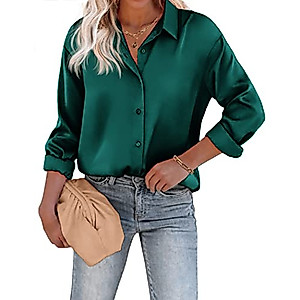 Chigant Women's Long Sleeve Shirts Satin Silk Work Blouse Button Down Tunic Tops(Dark Green,Small)