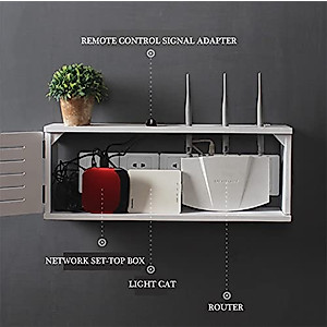 Solid Wood Network Set-Top Box, Wall Mounted Wooden Wireless Wifi Router Storage Box Power Strip and Cable Management Hider Rack Socket Shielding Wire Finishing Wire Box Floating Shelf 40CM