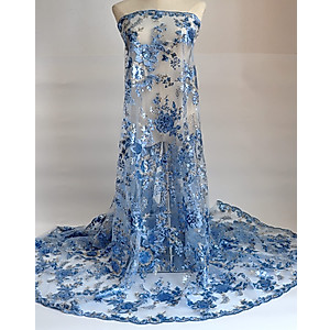 SanVera17 African Fabric Net Fabrics Sequins Embroidery Nigerian Embroidered Lace Fabric for Party Dress (Sky Blue) 5 Yards 2206-5