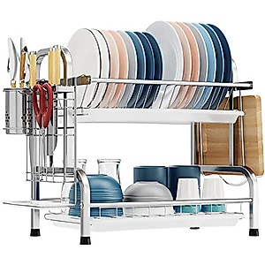 GSlife Stainless Steel Dish Drying Rack Rustproof 2 Tier Dish Rack for Kitchen Counter with 3 Drainboards, Tiered Dish Drainer with Utensils Holder,Cutting Board Holder, Silver