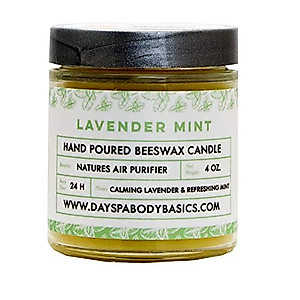 Lavender Mint Hand-Poured Beeswax Candle - All-Natural Essential Oil Scented, Cotton Braided Wick, Smokeless, Cleans Air, Non-Toxic, Non-Polluting, Handmade in USA by DAYSPA Body Basics