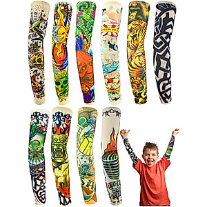 iToolai Kids Tattoo Sleeves for Boys Grils, 10 Pcs Temporary Arm Tattoo Sleeves for Children Baby, Fake Slip On Sunscreen UV Protection Cooling Arms Sleeves