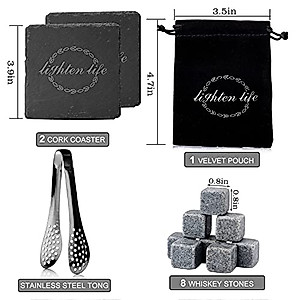 Lighten Life Whiskey Stones Gift Set,Whiskey Glass Set 2 in Wooden Box with 8 Granite Whiskey Stones,Premium Bourbon Glasses with Stones,Whiskey Stone Gift for Dad Husband Boyfriend Fathers Day