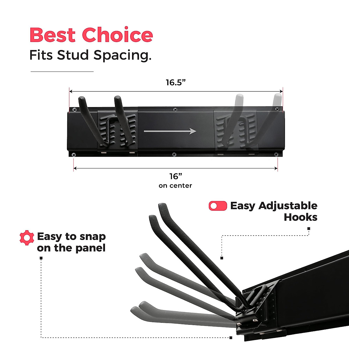 TIDYME Garage Tool Organizer Wall Mount - Sturdy Storage Rack with Adjustable Hooks, Anti-Rust Panel - Easy Installation, 300lbs Capacity - Garden Tool Organizer for Garage (03 Racks & 06 Hooks)