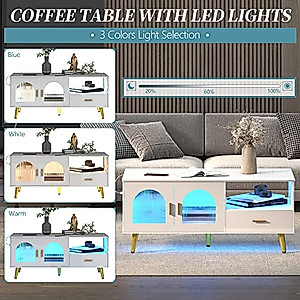 LVSOMT 42.5'' Coffee Table with 3 Colors Lighting, High Glossy Modern Accent Furniture with Storage, Contemporary Rectangle Table for Living Room（Glossy White