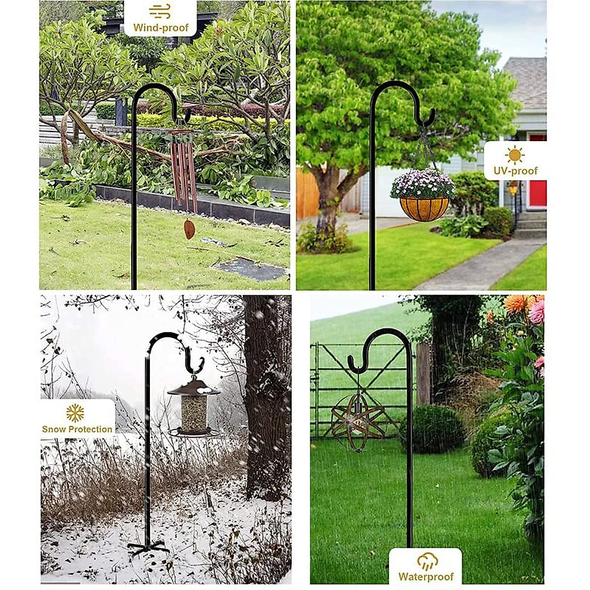 Garden Shepherd Hook Outdoor with 5 Prong Base, Bird Feeder Pole Hanger Holder Stand, Adjustable Heavy Duty Solar Light Plant Lantern Hanger Holder, Wedding Decor Matte Black (48 Inch- 2 Packs)