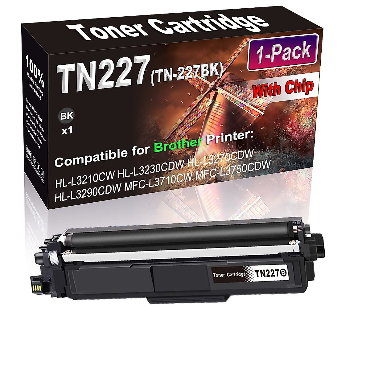 Kolasels (with Chip) 1-Pack (Black) Compatible HL-L3210CW HL-L3230CDW Toner Cartridge (High Capacity) Replacement for TN-227 TN227 (TN-227BK) Printer Cartridge