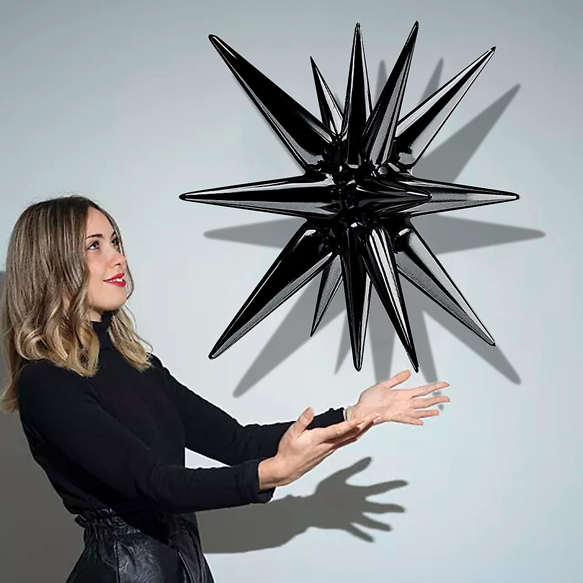 BlingABC Star Foil Balloons Black Explosion 6PCS 14 Point Cone Balloons Magic Starburst Balloons Large for Wedding Anniversary Backdrop Birthday Party Decorations(27 & 22 inch)