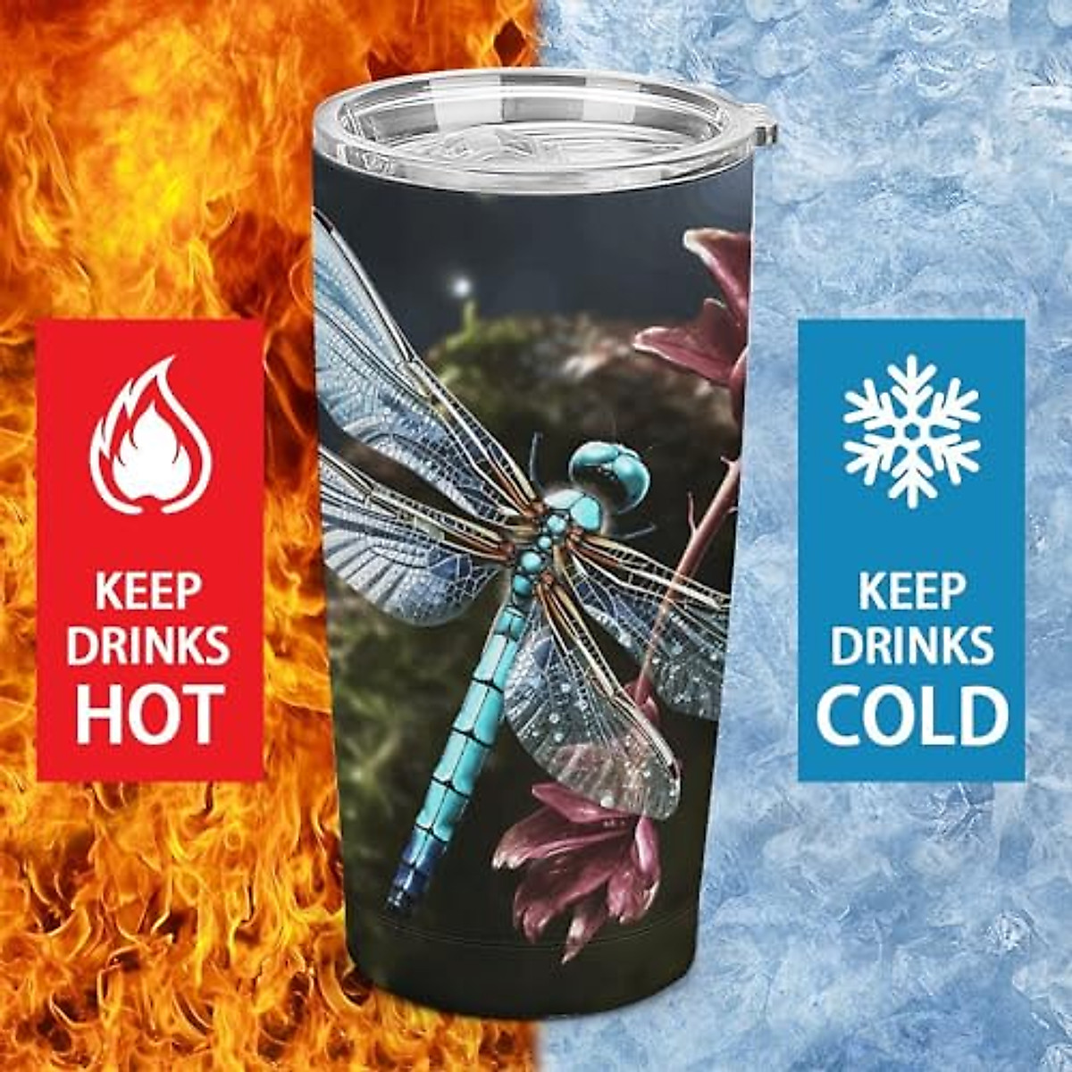 FHENMSA Stainless Steel Insulated Travel Coffee Mug,Blue Dragonfly Print Reusable Car Cup,Thermal Cup for Outdoor with Straw And Lid