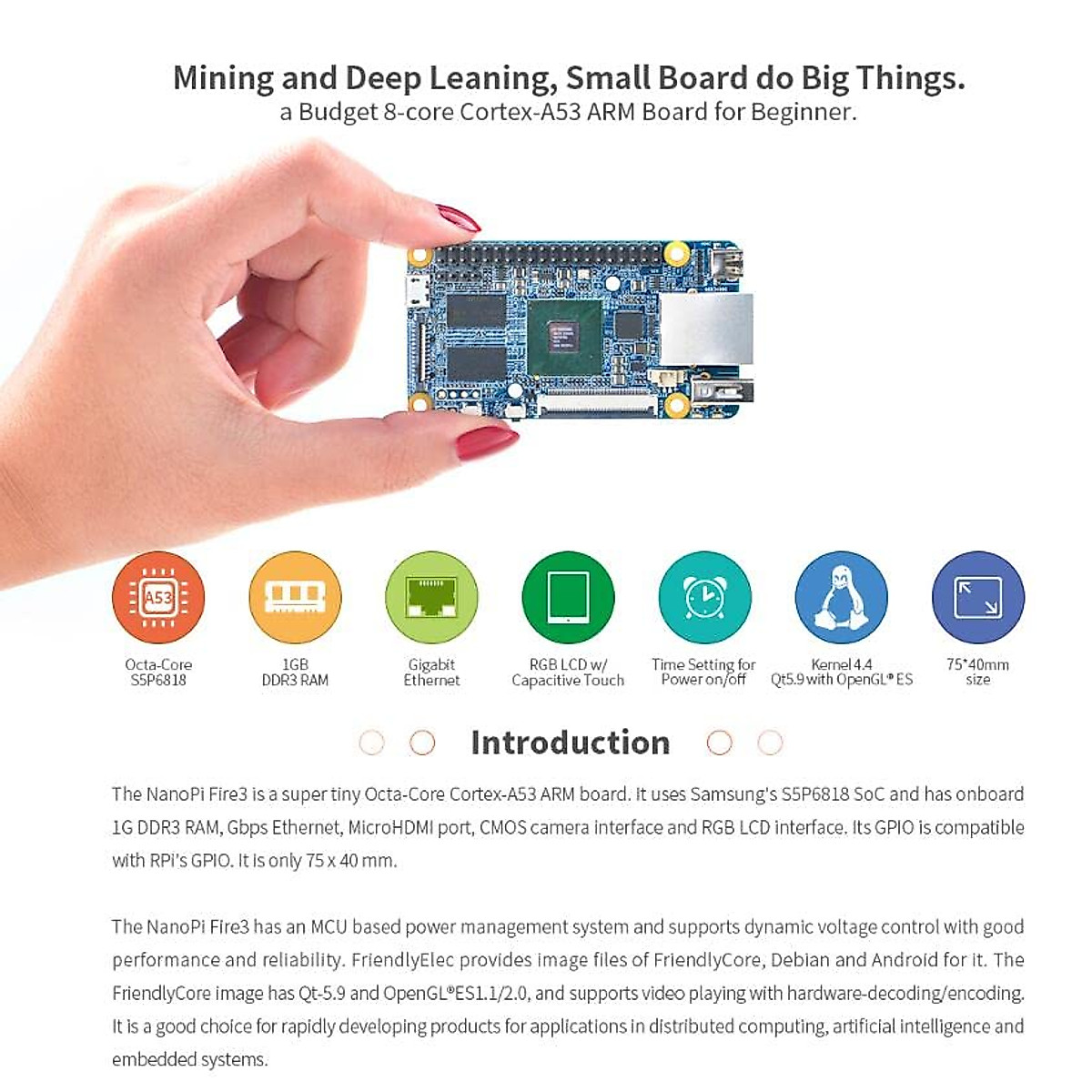 NanoPi Fire3-LTS Open Source S5P6818 1.4GHz DDR3 1GB RAM Single Board Computer Onboard Gigabit Ethernet USB 2.0 HDMI Debug 40pinGPIO Port for AI Development Support Android Debian UbuntuCore+Qt
