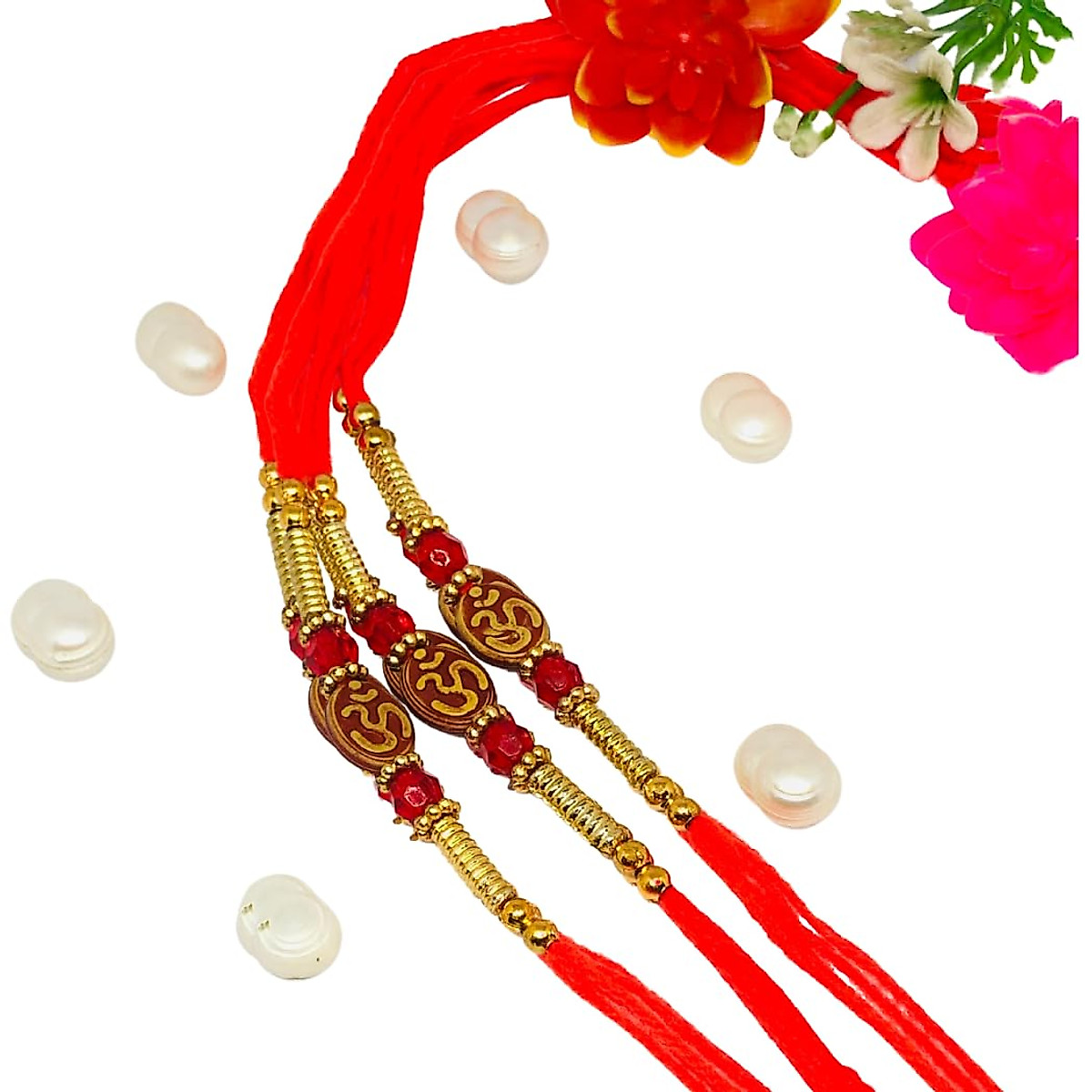 ZYRENA Set of 3 OM Rakhi for Brother Bhaiya Bhabhi, Gift Rakhi for Family, Raksha Bandhan Festival Rakhi for Bhaiya and Bhabhi, Oval Om Pendant with Rudraksha and Golden Beads Rakhi Thread