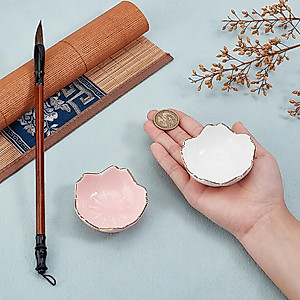 PH PandaHall 2PCS Flower Ceramic Ink Plate, Paint Pallets Multifunctional Bowl Porcelain Ink Dish Chinese Brush Rests Brush Stands for Calligraphy Sumi-E Painting Japanese Prints, White Pink