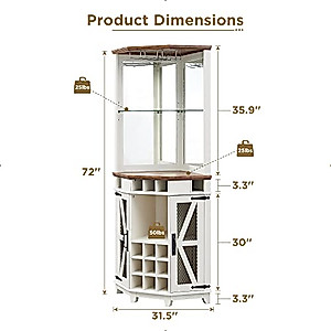 OKD Corner Bar Storage Cabinet, 72" Tall Farmhouse Wine Bar Cabinet w/Barn Door & Adjustable Shelves, Home Bar Cabinet w/LED Lights & Glass Rack for Dining Room, Living Room, Kitchen, Antique White