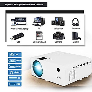 Living Enrichment Mini Projector, 1080P HD Supported Portable Video Projector, 7000 Lumen 50,000 Hours Led Lamp, 200'' Projection Display, Compatible with HDMI VGA USB DVD for Home Entertainment White