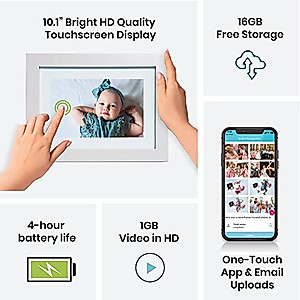 PhotoSpring 10in WiFi Digital Picture Frame with Battery, Send Photos from Anywhere via Email, App, or Web, Easy Touch Screen Setup, 1280x800 Display, Plays Videos, White