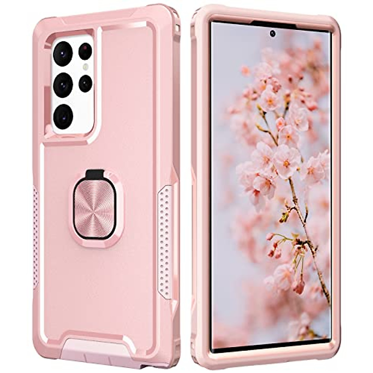 LONTECT for Galaxy S22 Ultra 5G Case with Ring Holder Kickstand 3 in 1 Shockproof Heavy Duty Hybrid Sturdy High Impact Protective Case for Samsung Galaxy S22 Ultra 5G 2022, Rose Gold