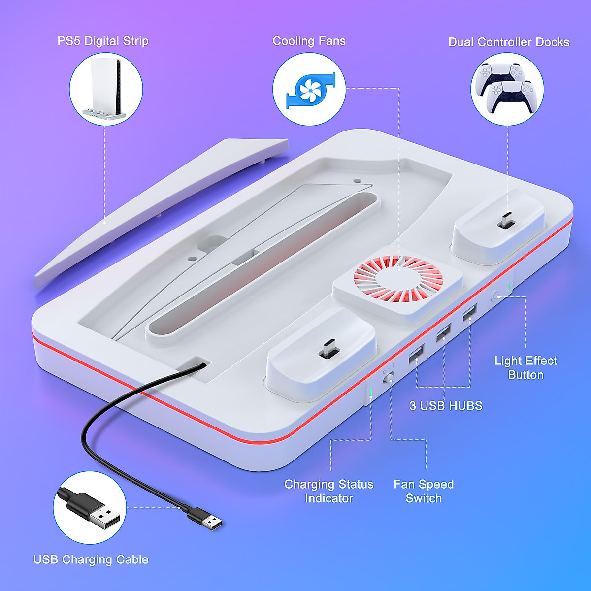 CODOGOY Upgraded PS5 Cooling Stand with Controller Charger, Cooling Station for PS5 Disc & Digital Editions, 2 Levels Adjustable Fans Speed, PS5 Charging Docking Station with 3 USB Ports (White)