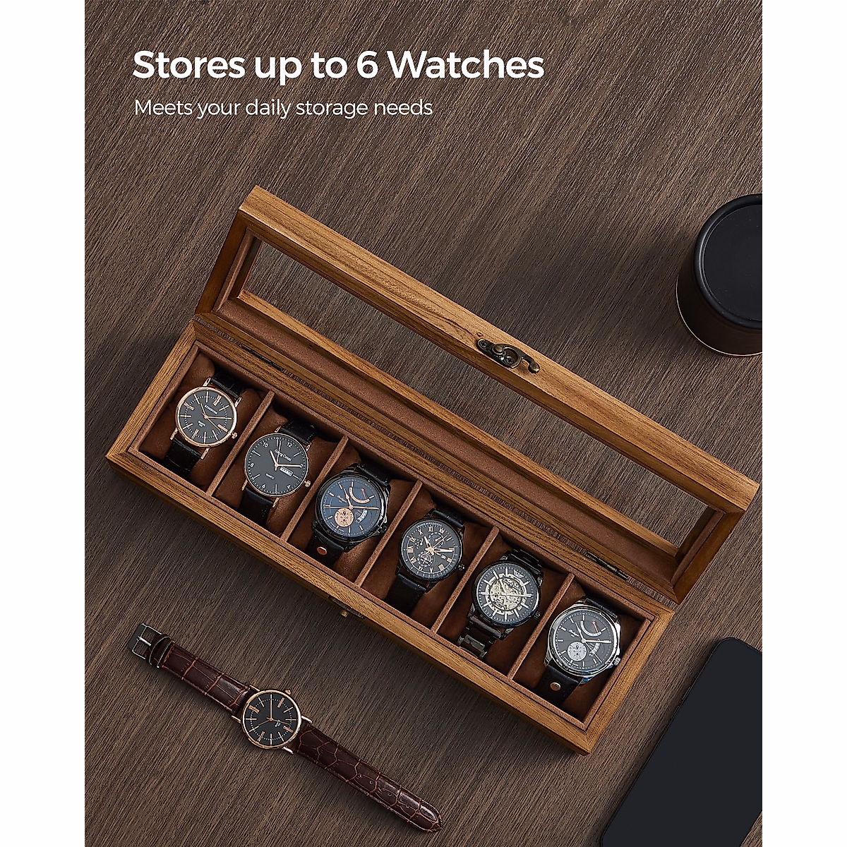 SONGMICS Watch Box, 6-Slot Watch Case, Solid Wood Watch Box Organizer with Glass Lid, Rustic Walnut UJOW006K01