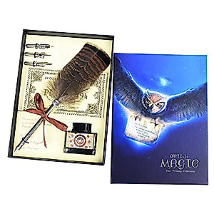 OPENDGO Antique Owl Feather Quill Pen and Ink Set Writing Quill Dip Calligraphy Pen Set for Beginners with 3 Nibs and Ink