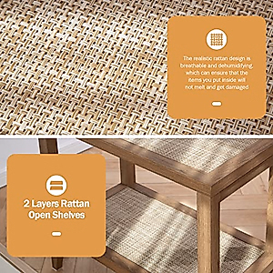 SICOTAS Boho Rattan Nightstand Bedside Table - Farmhouse Narrow End Table for Living Room - Accent Side Table with 2 Rattan Open Storage Shelves for Bedroom, Small Spaces, Wood