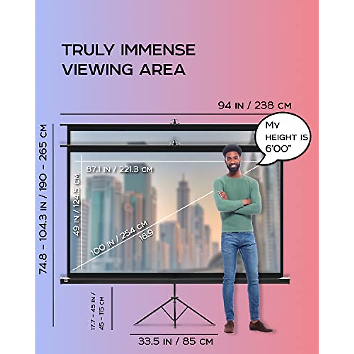 Projector Screen with Stand 100 inch - Indoor and Outdoor Projection Screen for Movie or Office Presentation - 16:9 HD Premium Wrinkle-Free Tripod Screen for Projector with Carry Bag and Tight Straps