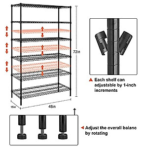 YYkokocat 6000Lbs Capacity Heavy Duty Storage Shelves Commercial Wire Shelving Unit and Storage Adjustable NSF 6 Tier Metal Rack Shelf on Wheels for Garage Basement, 76 H x 48 L x 18 D - Black