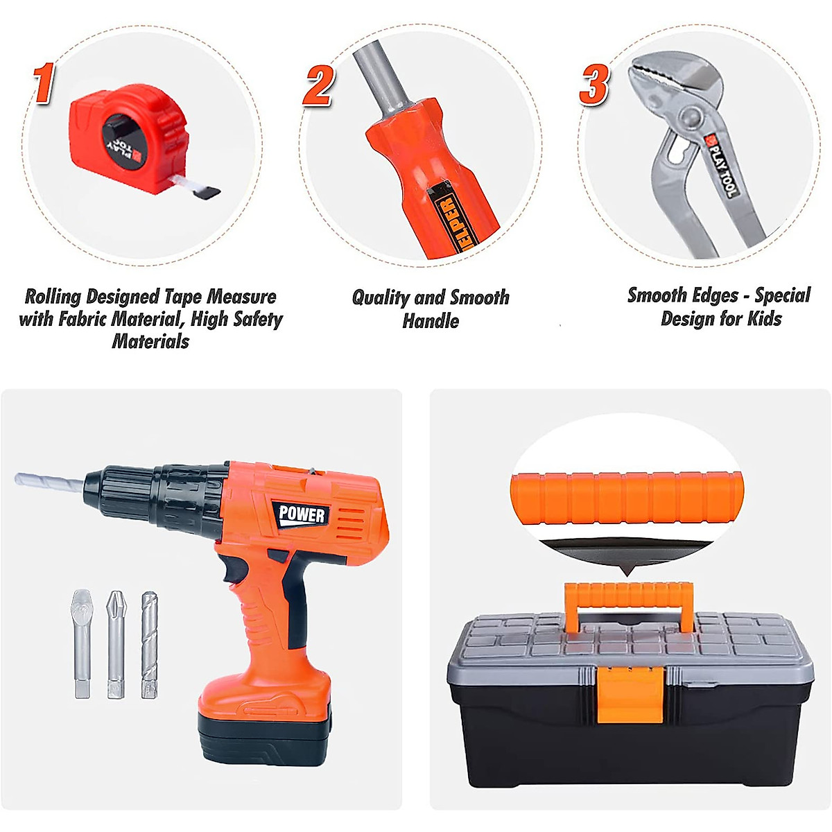 Mscredse Kids Tool Set kit Pretend Play Set Toddler Tool Toys with Construction 48Pcs Electric Drill Gifts for Boys Girls Kids Toddlers Ages 3 4 5 6 7 8 Years up (Orange)