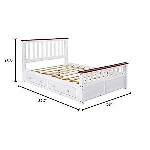 ERDAYE Full Size Bedframe Wooden Platform Bed with Two Storage Drawers and Wood Slat Support, White+Walnut